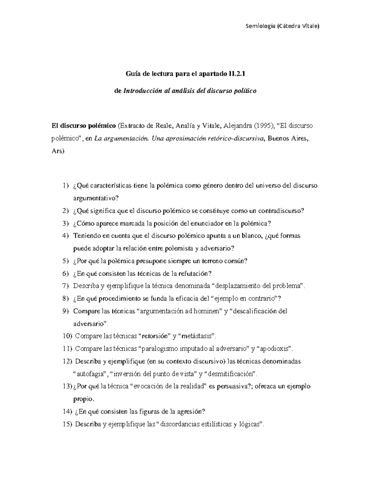 Guía de lectura de discurso polémico - SemiologÌa (C·tedra Vitale) Guía de lectura para el ...