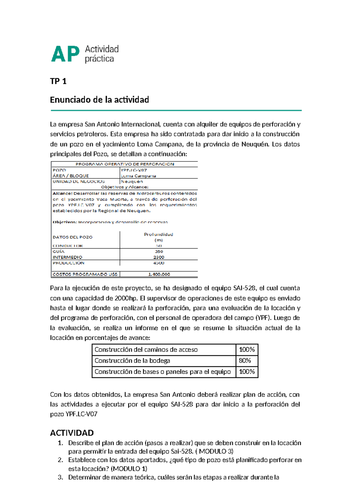 AP1 - Enunciado de la actividad - TP 1 Enunciado de la actividad La ... AP1 - Enunciado de la actividad - TP 1 Enunciado de la actividad La ...