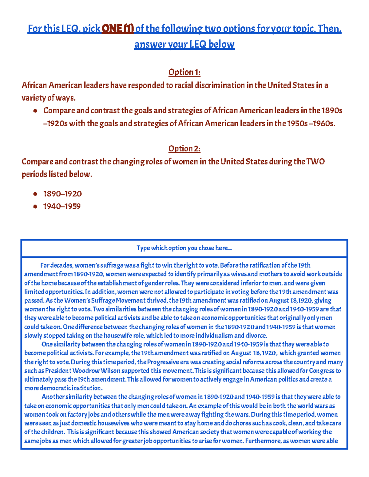 History Chapter 8 LEQ Essay - For this LEQ, pickONE (1)of the following ...