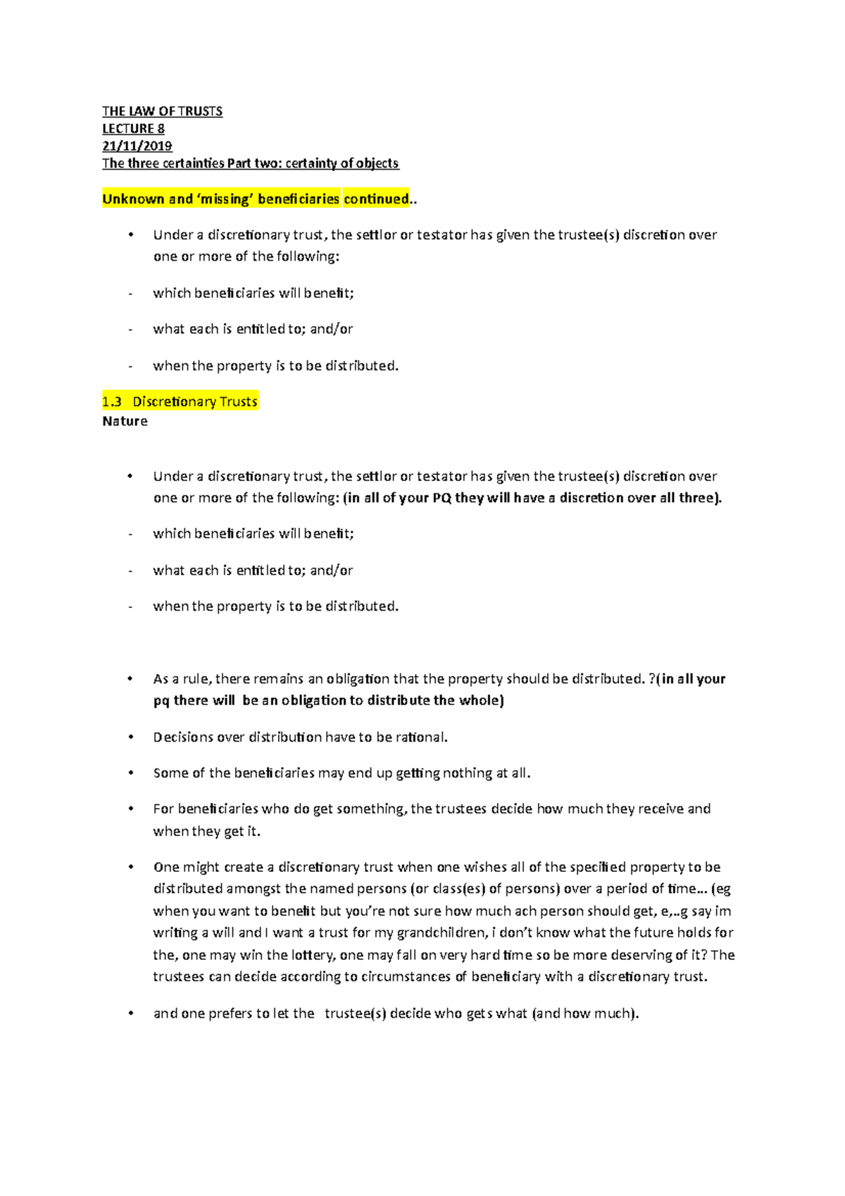 Lecture 8 - The three certainties Part two: certainty of objects - THE LAW OF TRUSTSLECTURE 8 ...