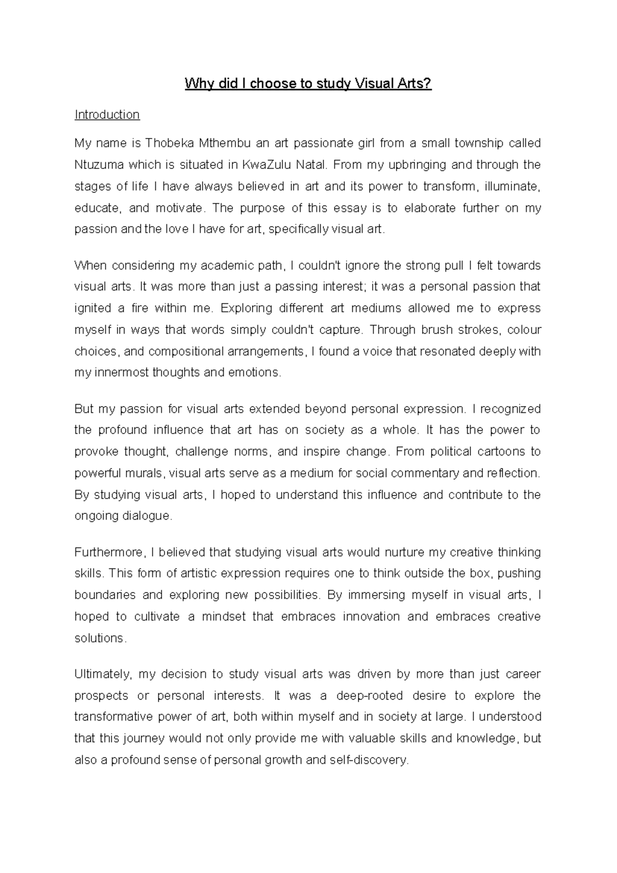 motivational essay - Why did I choose to study Visual Arts ...