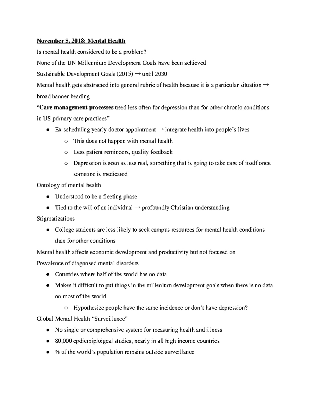 Global Health Notes Unit 3 - November 5, 2018: Mental Health Is mental ...