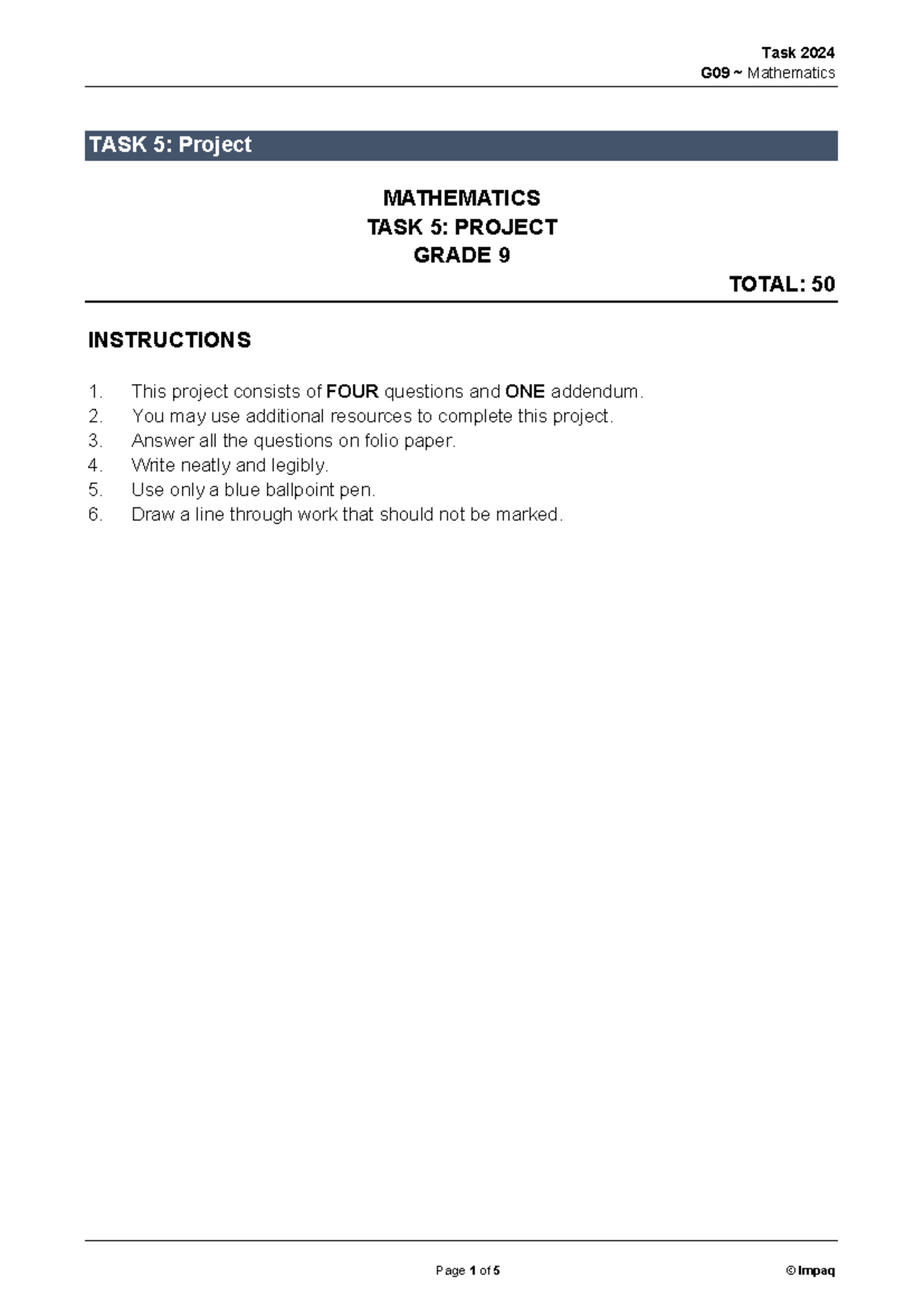 2409 E MAM CT03 05 - Maths Task - G09 ~ Mathematics TASK 5: Project ...