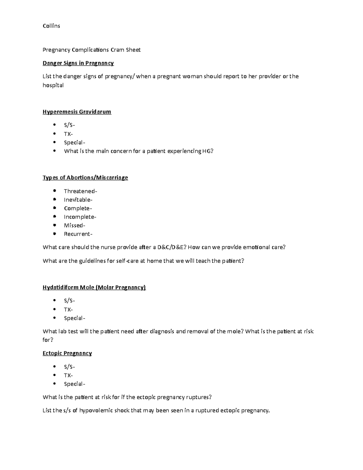 Pregnancy Complications Cram Sheet - Collins Pregnancy Complications ...