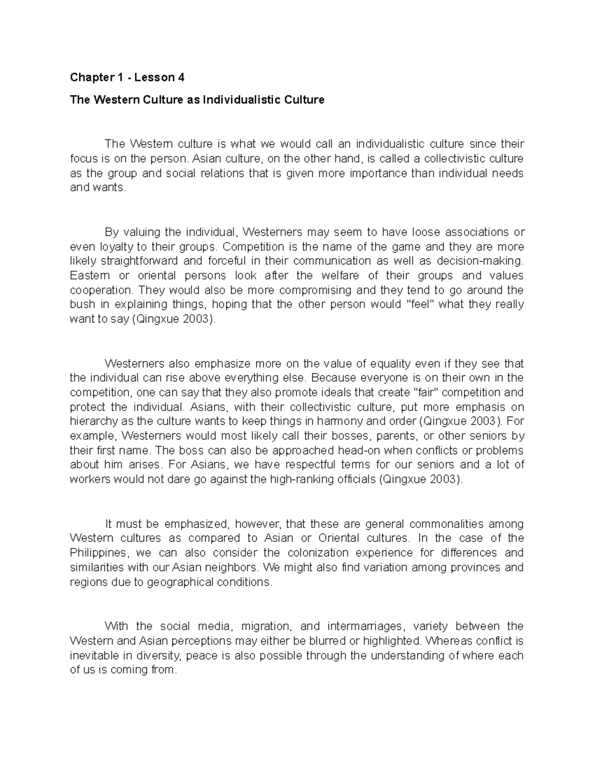 The Western Culture as Individualistic Culture - Asian culture, on the ...