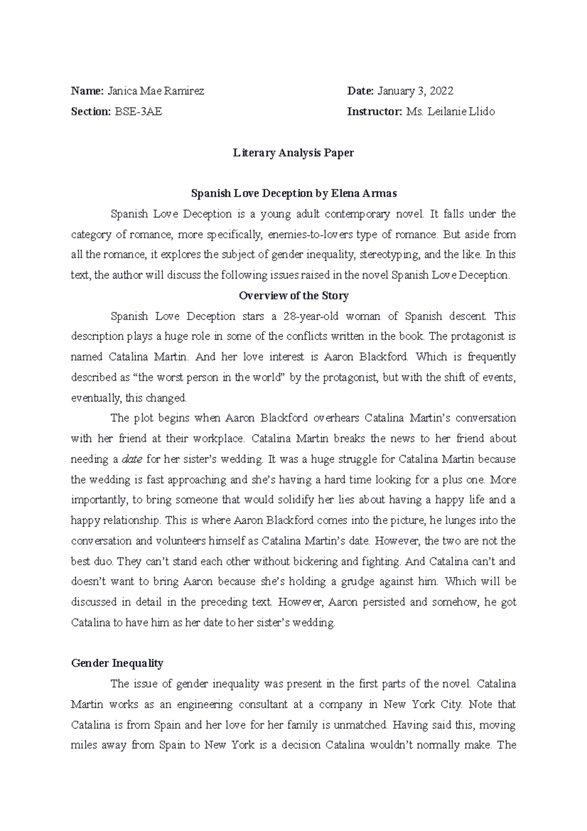 Literary Analysis Paper - Name: Janica Mae Ramirez Date: January 3 ...