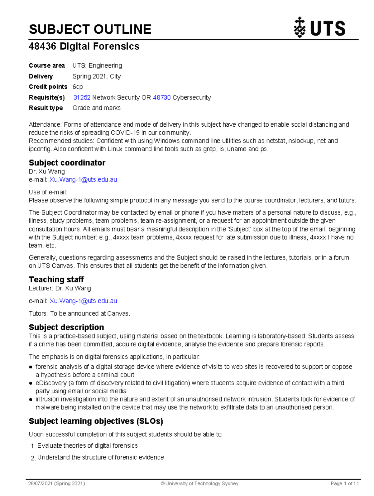 48436 Digital Forensics - Subject Outline - SUBJECT OUTLINE 48436 ...