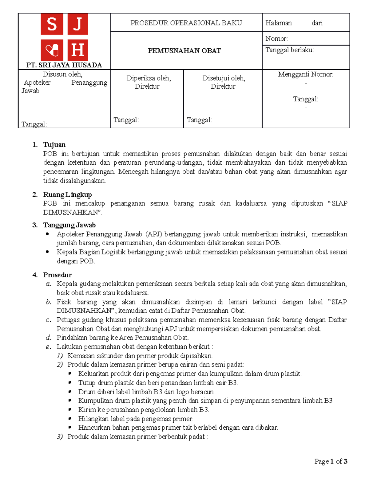 4.8 POB Pemusnahan OBAT - PT. SRI JAYA HUSADA PROSEDUR OPERASIONAL BAKU ...