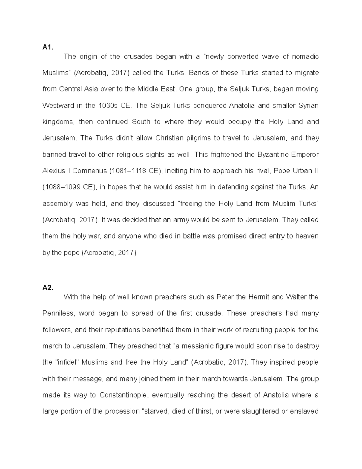 C375 Task 3 - C375 Task 3 - A1. The origin of the crusades began with a ... C375 Task 3 - C375 Task 3 - A1. The origin of the crusades began with a ...