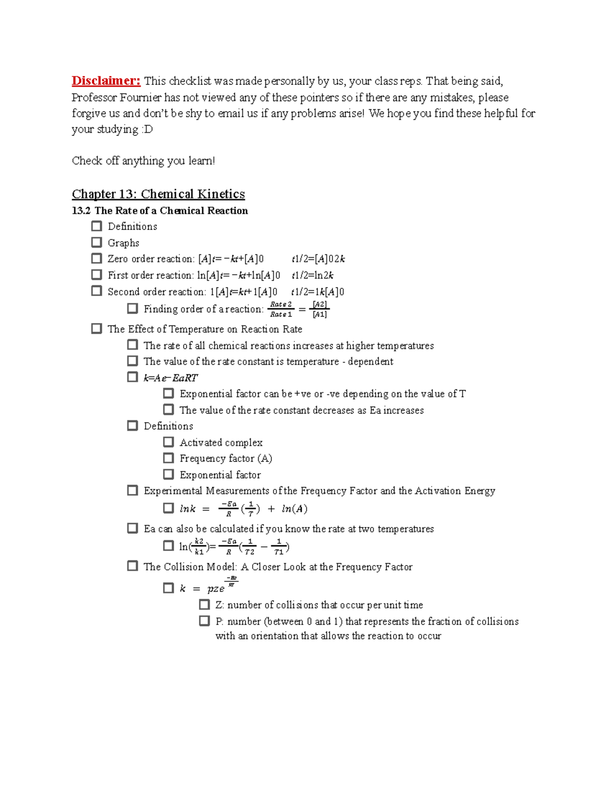 CHEM1001N-checklist - It’s good - Disclaimer: This checklist was made ...