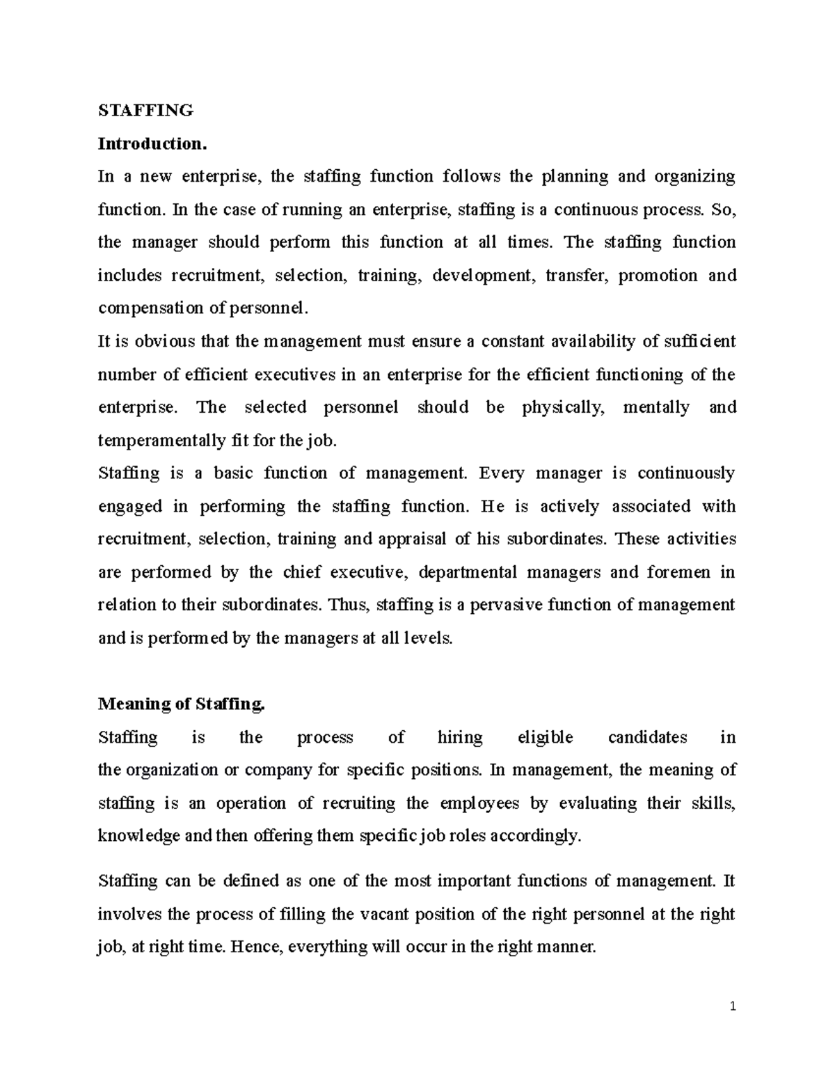 Topic 7 Staffing. - Lecture notes 1 - STAFFING Introduction. In a new ...