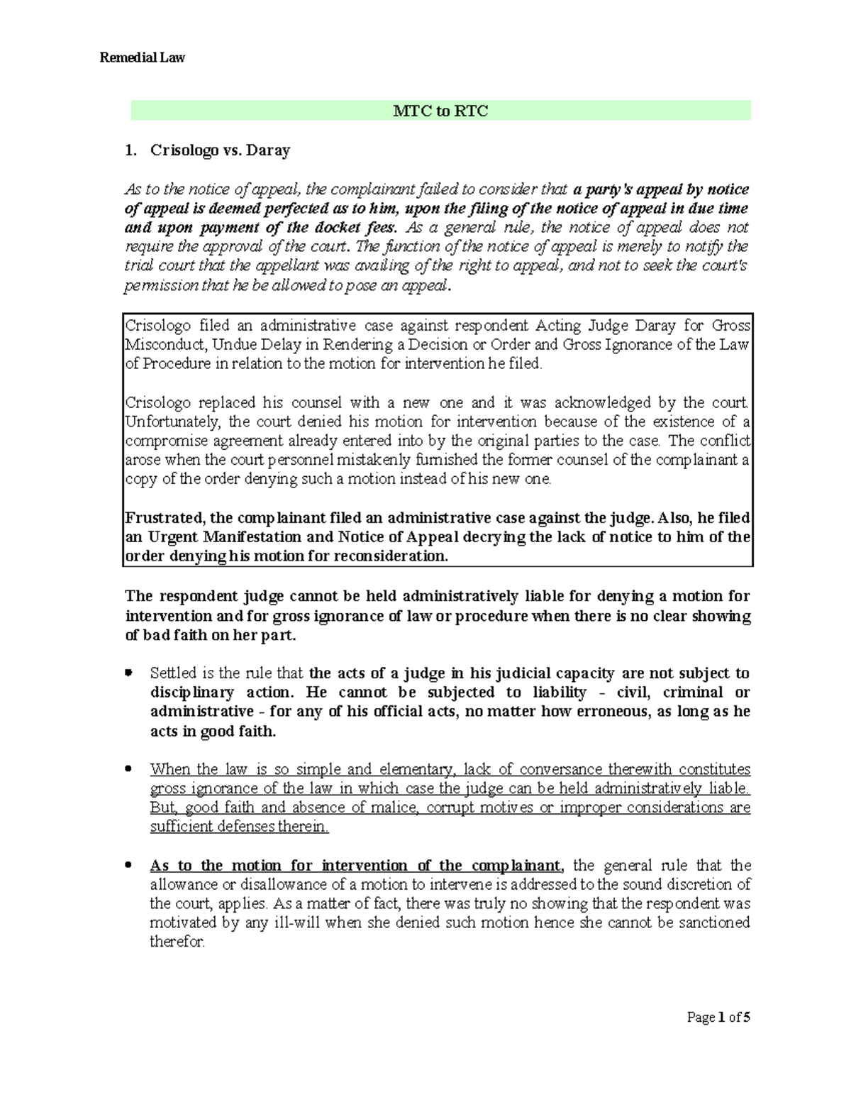 Appeal from MTC to RTC - Remedial Law case digest. - MTC to RTC 1. Crisologo vs. Daray As to the ...