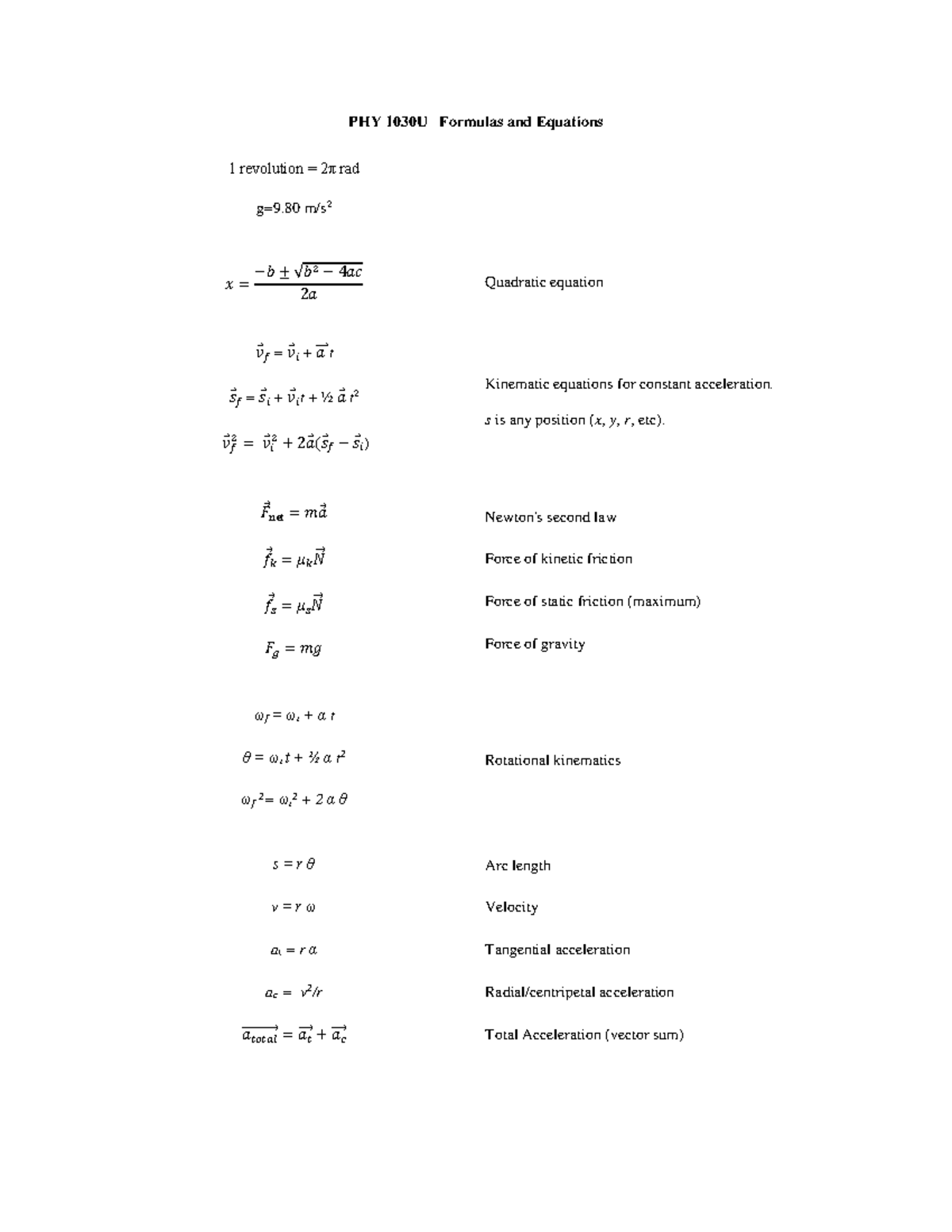 PHY 1030U Final Exam Formula Sheet - PHY 1030U Formulas and Equations 1 ...