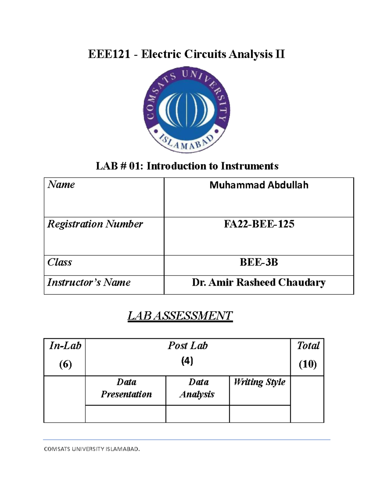 ECA-II COMSATS ISB LAB REPORT 1 INCLUDING ALL DATA - EEE121 - Electric Circuits Analysis II LAB ...