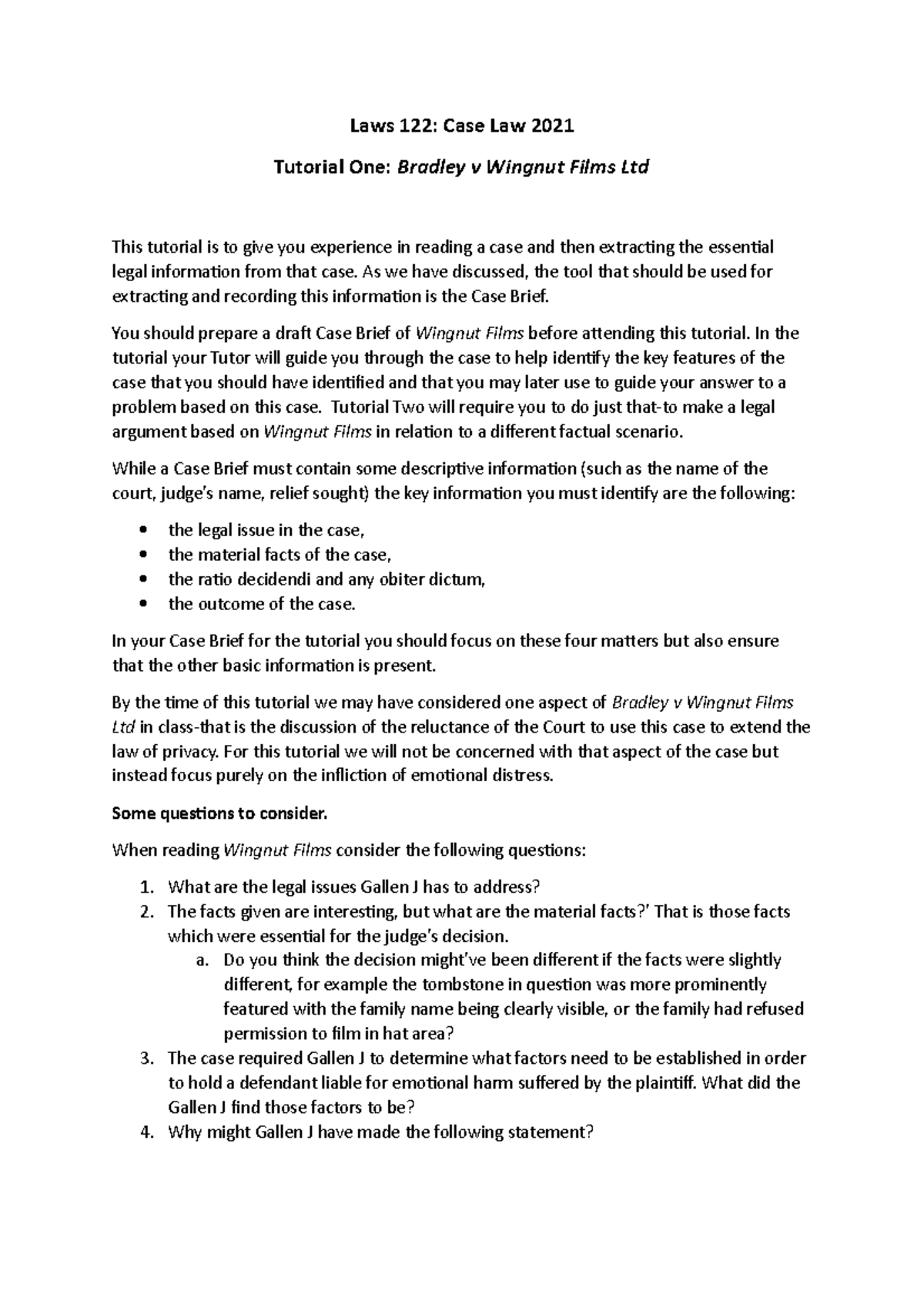 Tutorial 1 2021 Question - Laws 122: Case Law 2021 Tutorial One ...