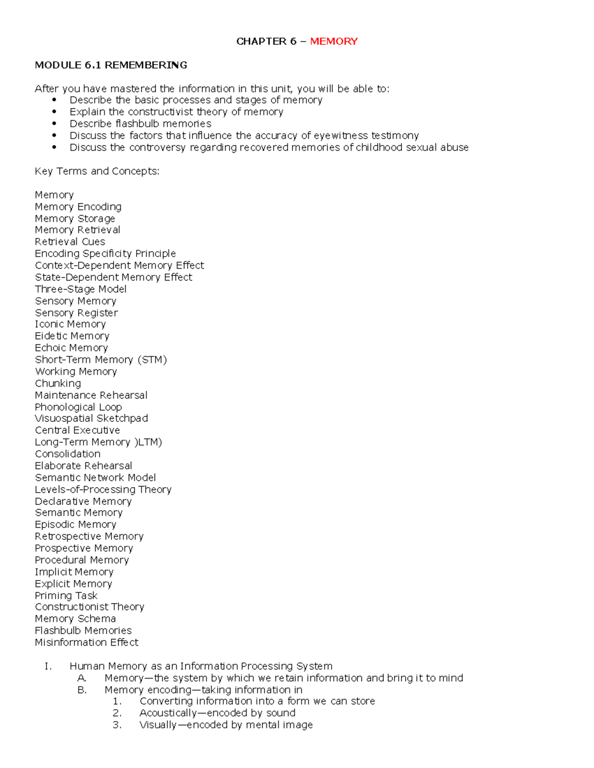 Ch06 Memory - Modern-Psychology - CHAPTER 6 – MEMORY MODULE 6 REMEMBERING After you have ...