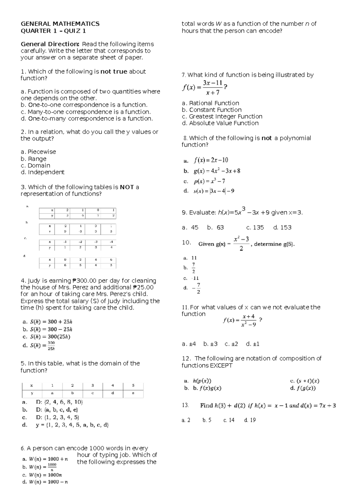 Genmath Q1 QUIZ1 - asdasdasdasd - GENERAL MATHEMATICS QUARTER 1 – QUIZ 1 General Direction: Read ...