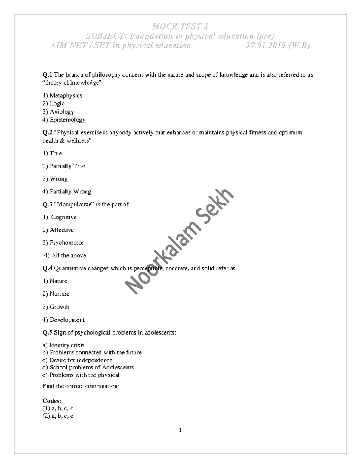 MOCK TEST 3 - Exercise purpose only - SUBJECT: Foundation in physical ...