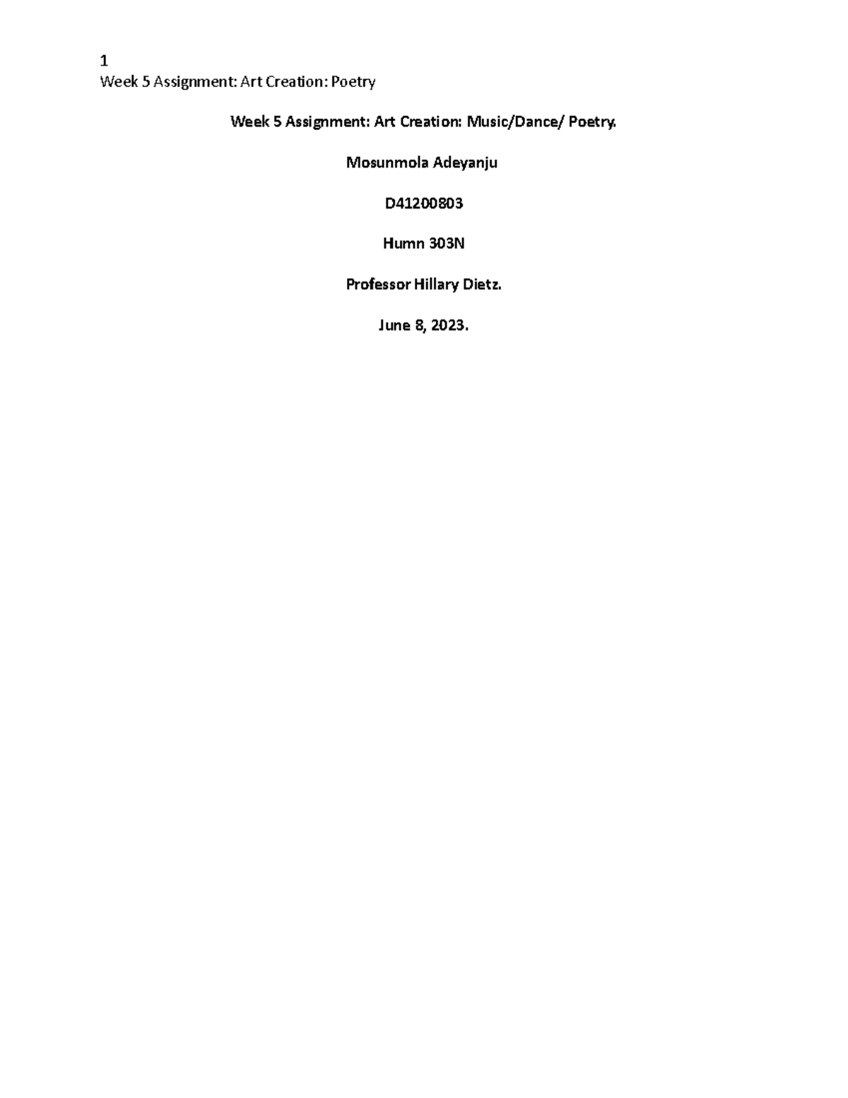 Week 5 Assignment hum 303 - Week 5 Assignment: Art Creation: Poetry Week 5 Assignment: Art ...