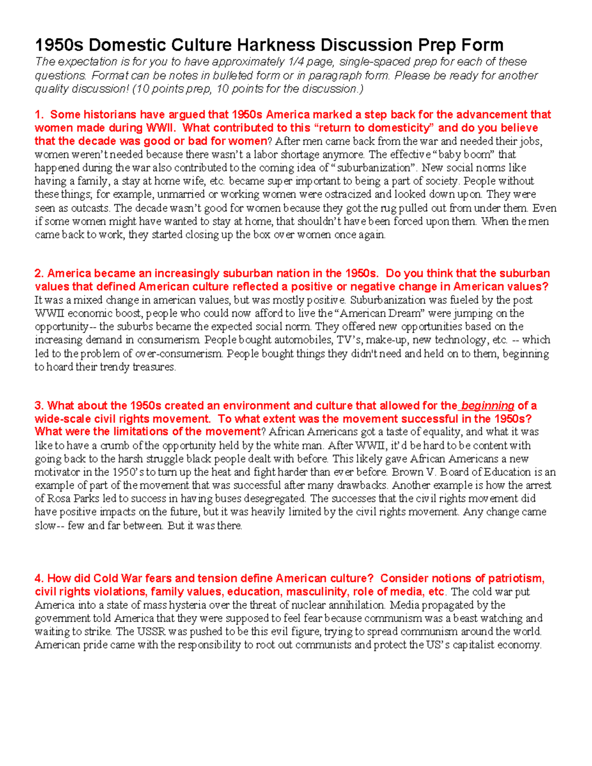 1950s Domestic Culture Harkness Discussion Prep - Format can be notes ...