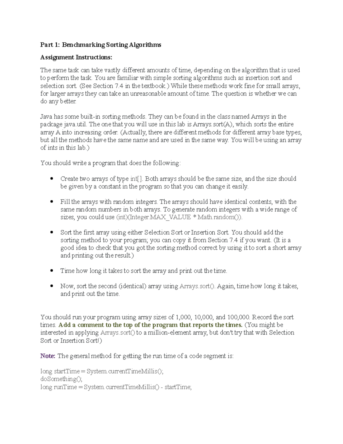 Assignment Unit 1 Lab2 - Part 1: Benchmarking Sorting Algorithms Assignment Instructions: The ...