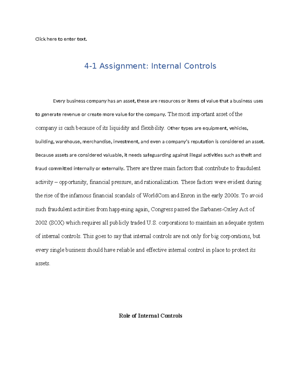 Internal Control 1 - Click here to enter text. 4-1 Assignment: Internal ...