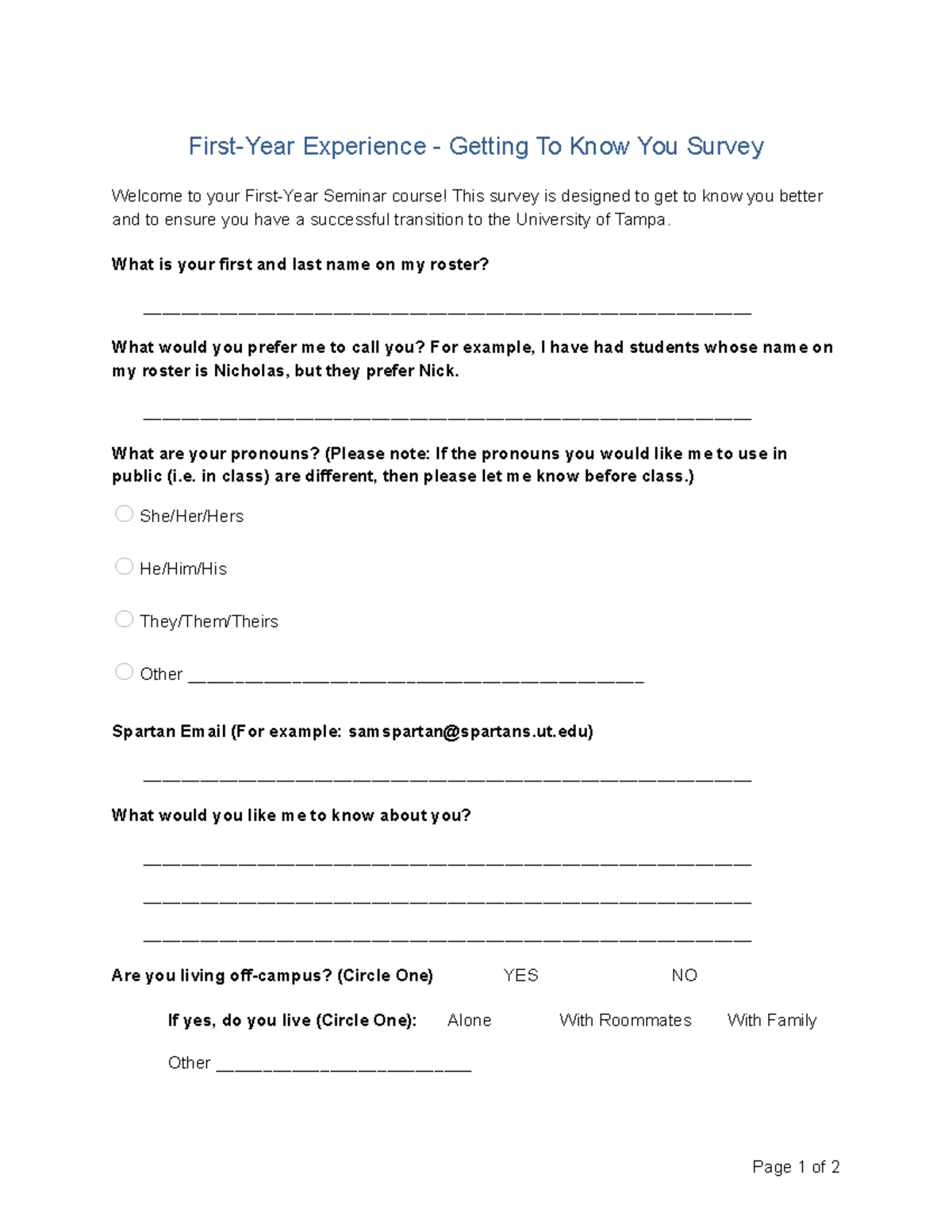 Get to Know You Survey 101 - First-Year Experience - Getting To Know ...