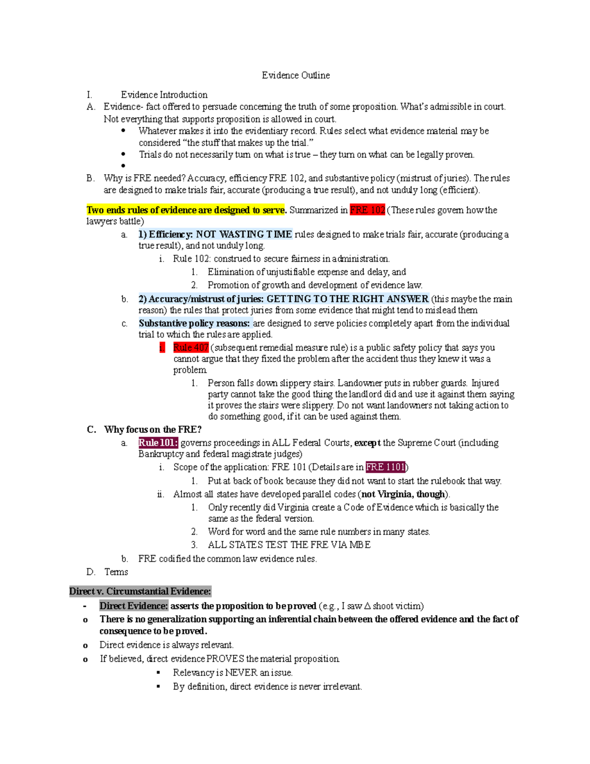 Evidence Outline 1 - Evidence Outline I. Evidence Introduction A ...