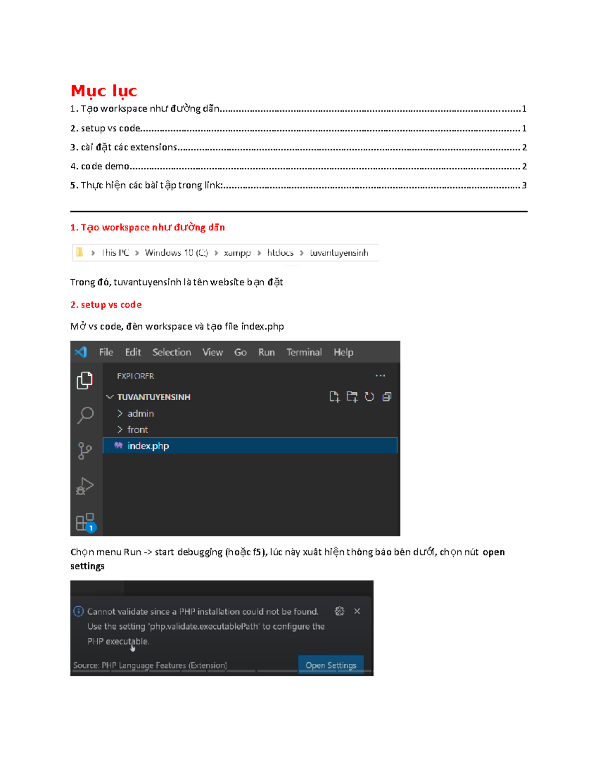 Thực hành php 1 - Thực hành php 1 - Mục lục T ạo workspace nh ư đ ường dẫẫn - Studocu