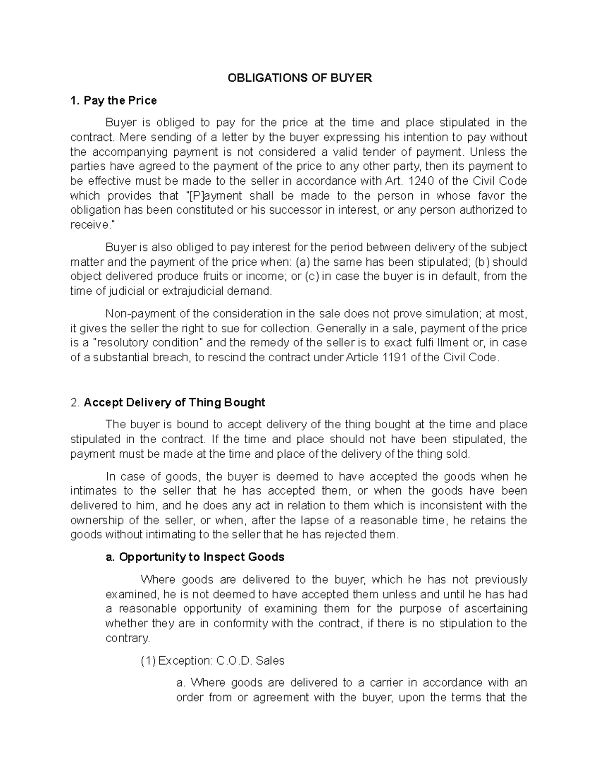 Sales Notes - OBLIGATIONS OF BUYER Pay the Price Buyer is obliged to ...