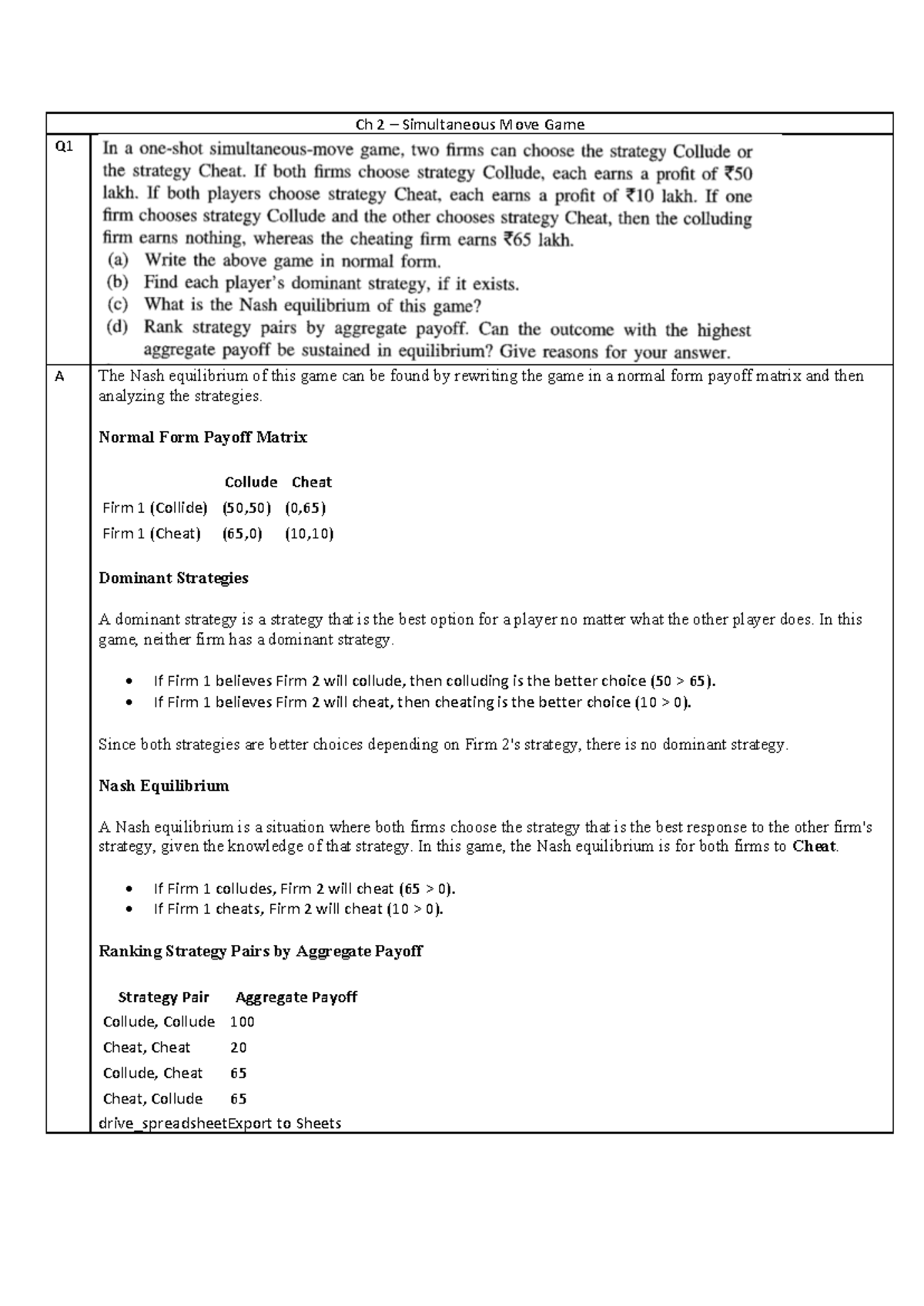 Game Theory Quaarter - Ch 2 – Simultaneous Move Game Q A The Nash ...