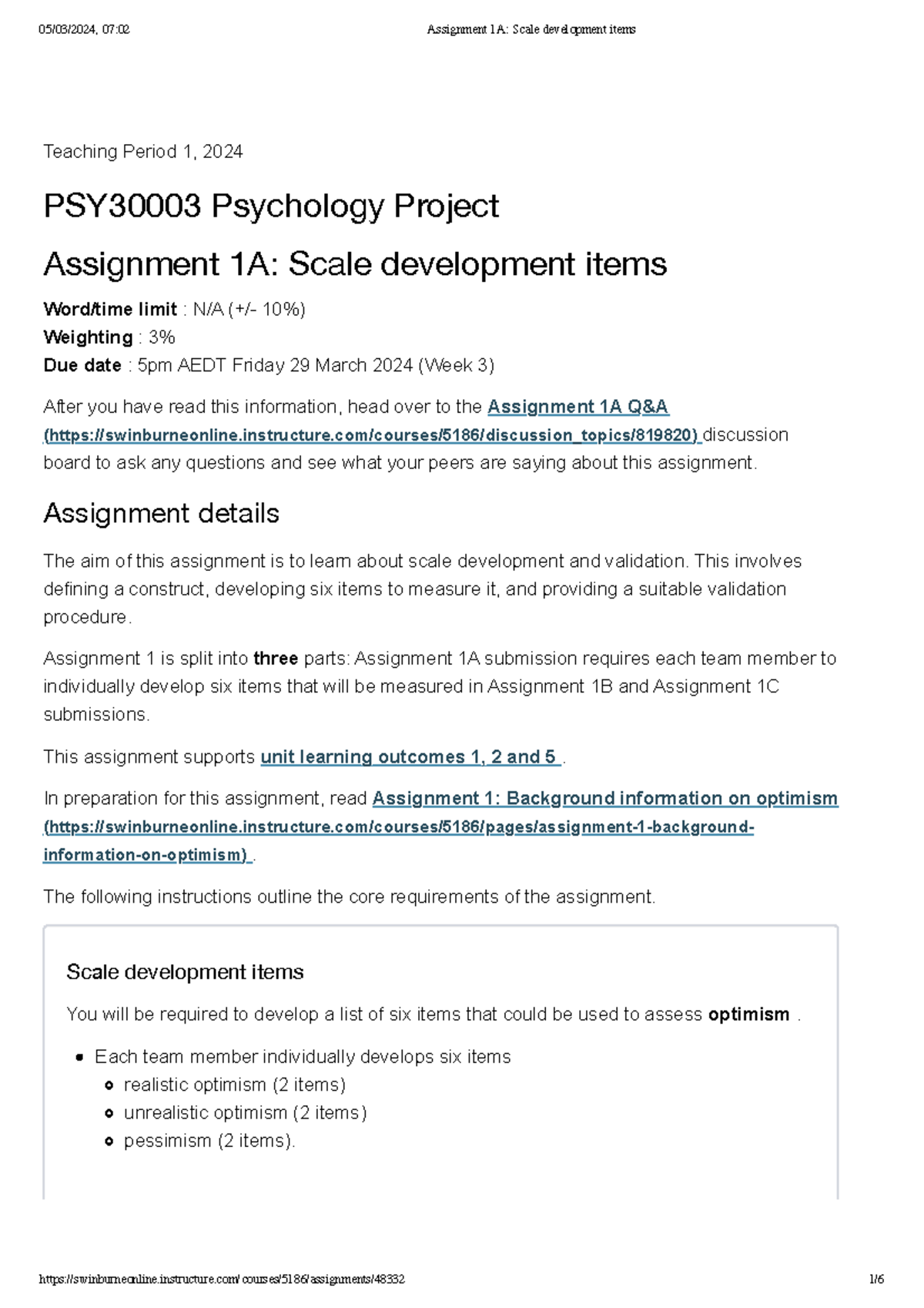 Assignment 1A Scale development items - Teaching Period 1, 2024 PSY30003 Psychology Project ...