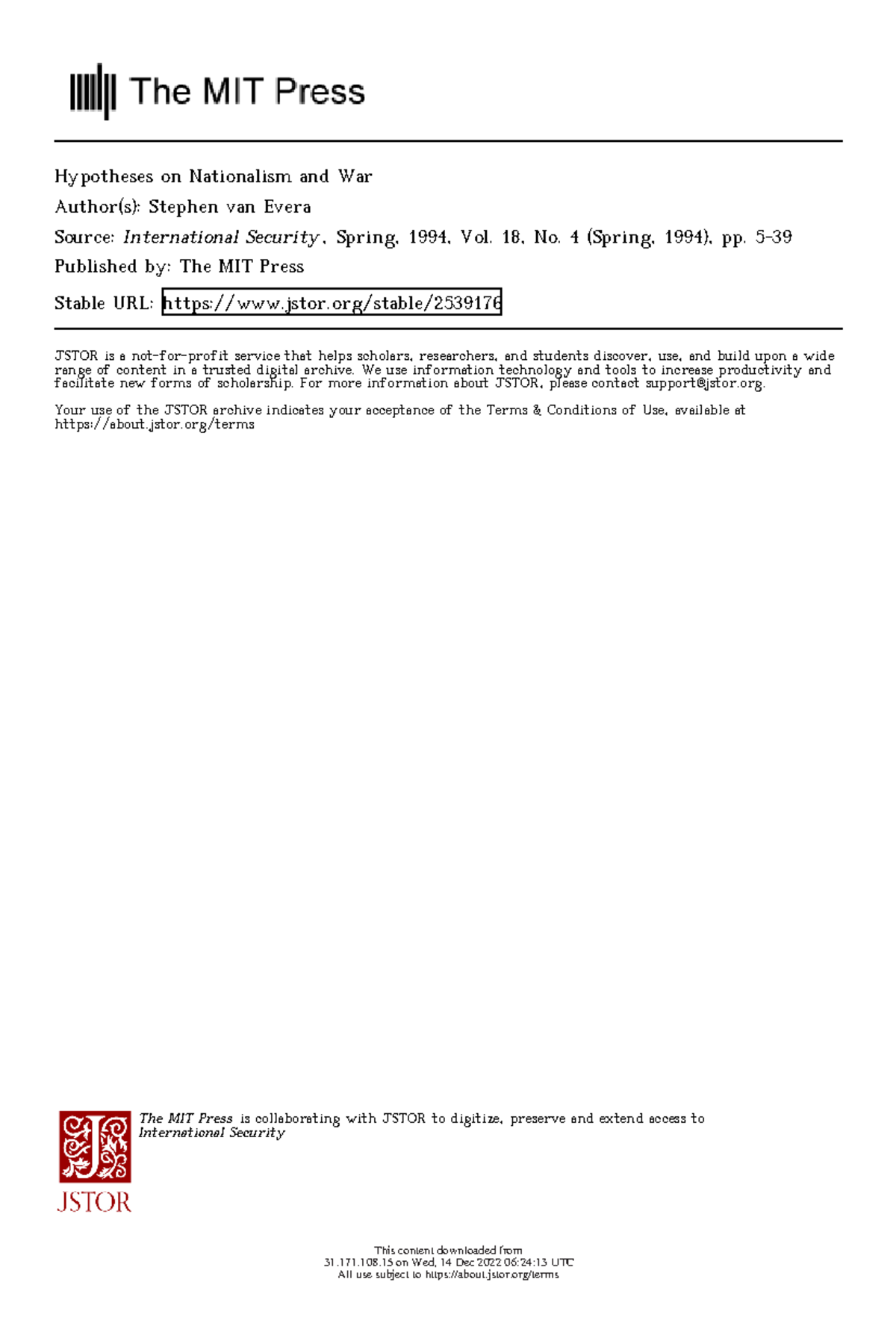 I Stephen Van Evera, Hypotheses on nationalism and war, International ...