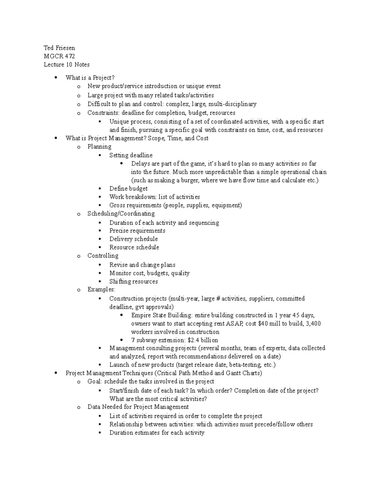 Lecture 10 Notes - Intro to Project Management - Ted Friesen MGCR 472 ...