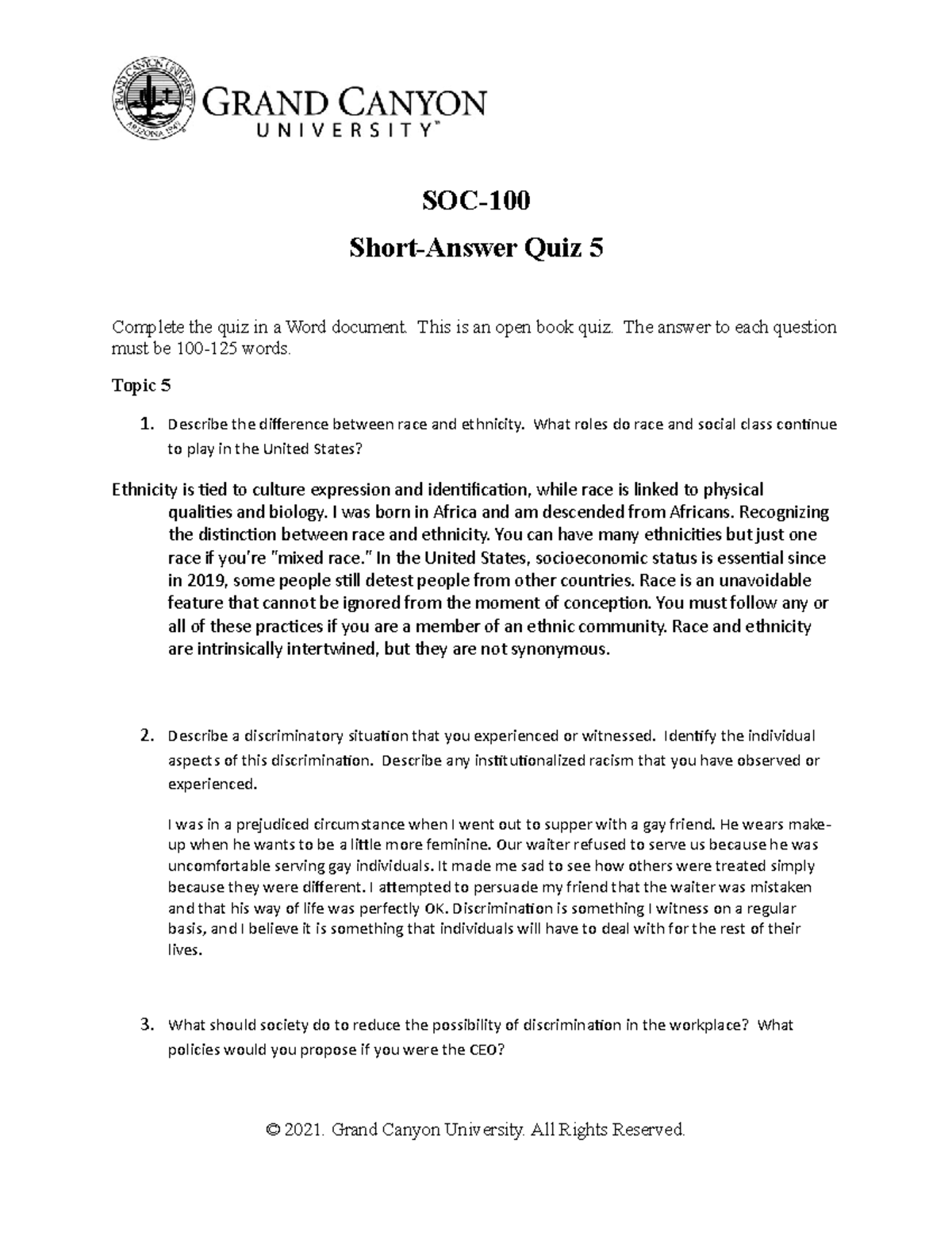 Short-Answer Quiz 5 100% - SOC-100 - GCU - Studocu
