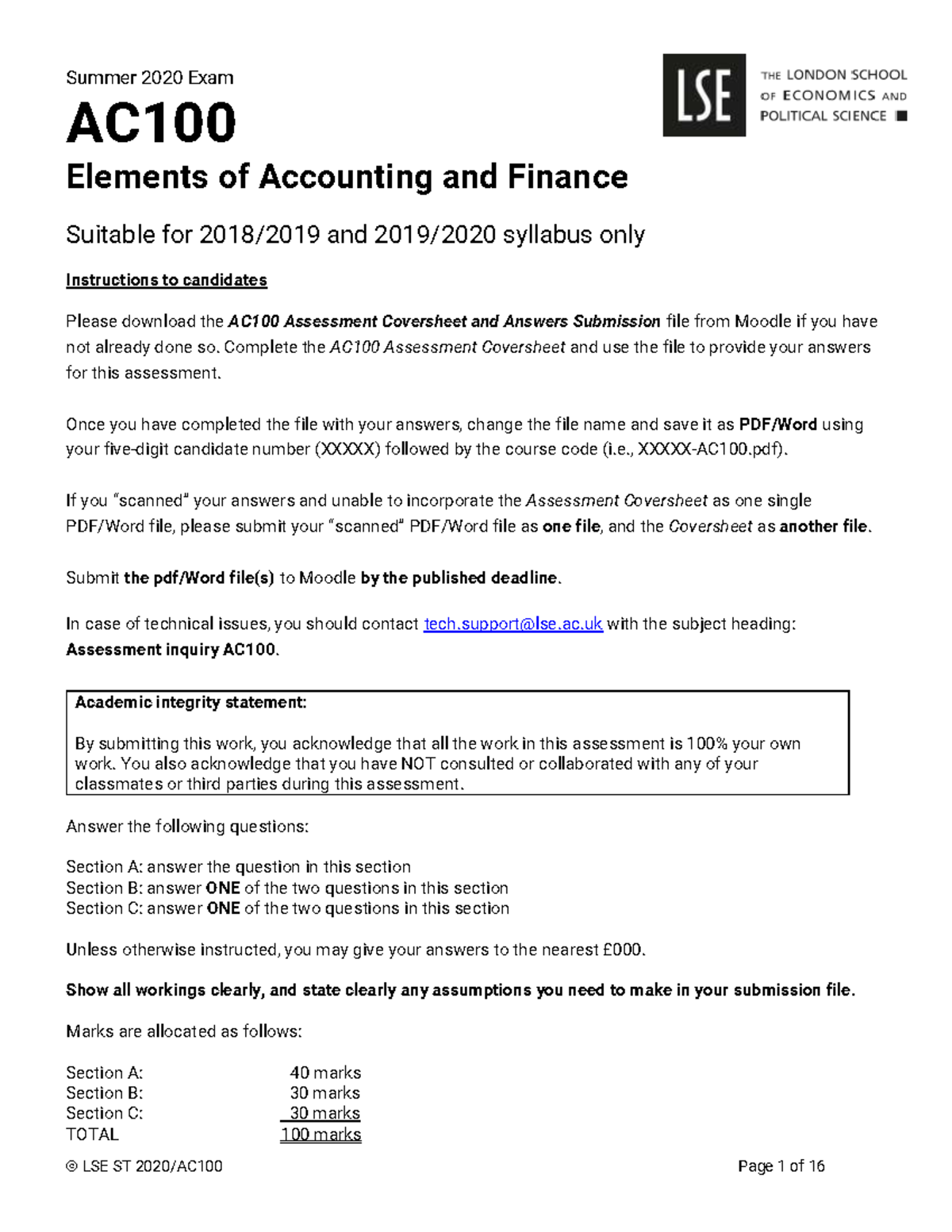 AC100-13 - Past exam papers for the course - Summer 2020 Exam AC ...