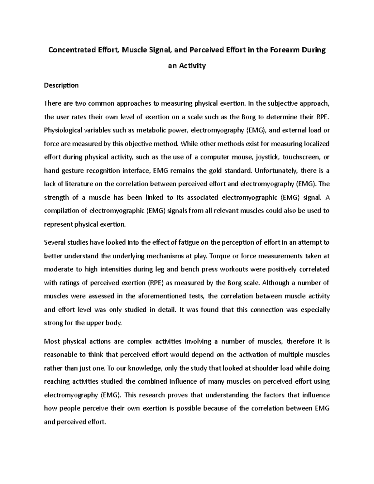 Concentrated Effort, Muscle Signal, and Perceived Effort in the Forearm ...