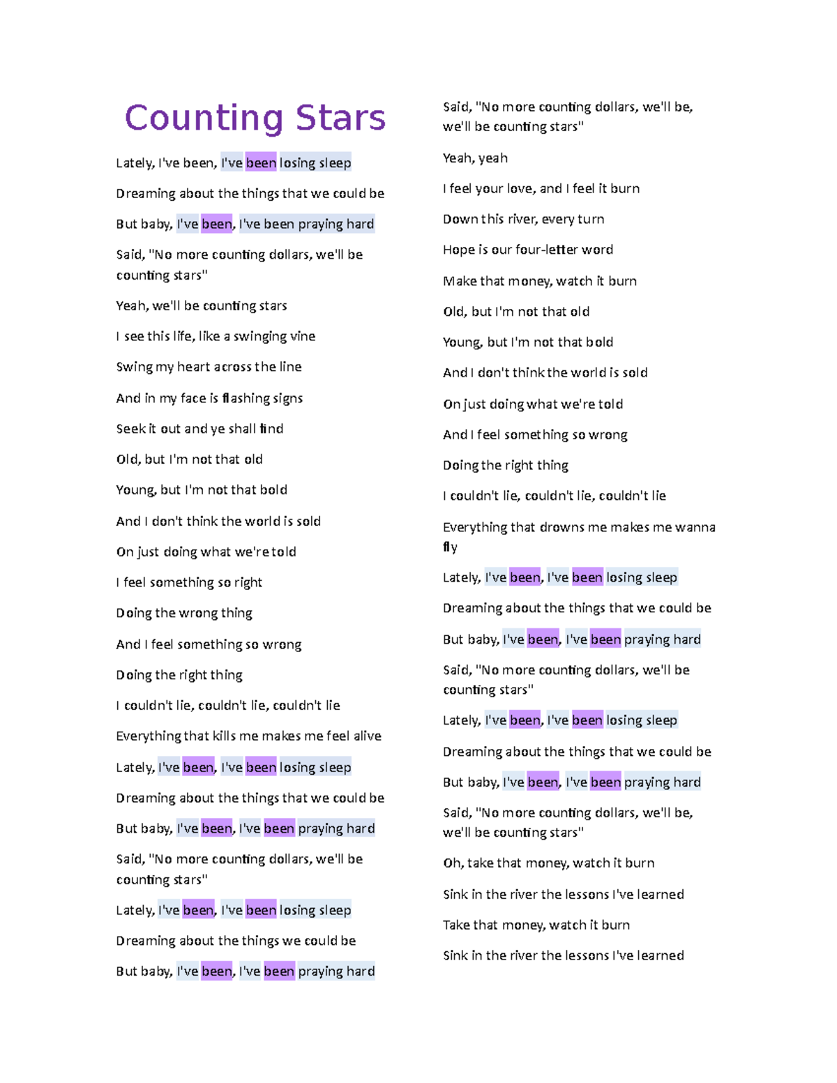 Counting Stars letra - Counting Stars Lately, I've been, I've been ...