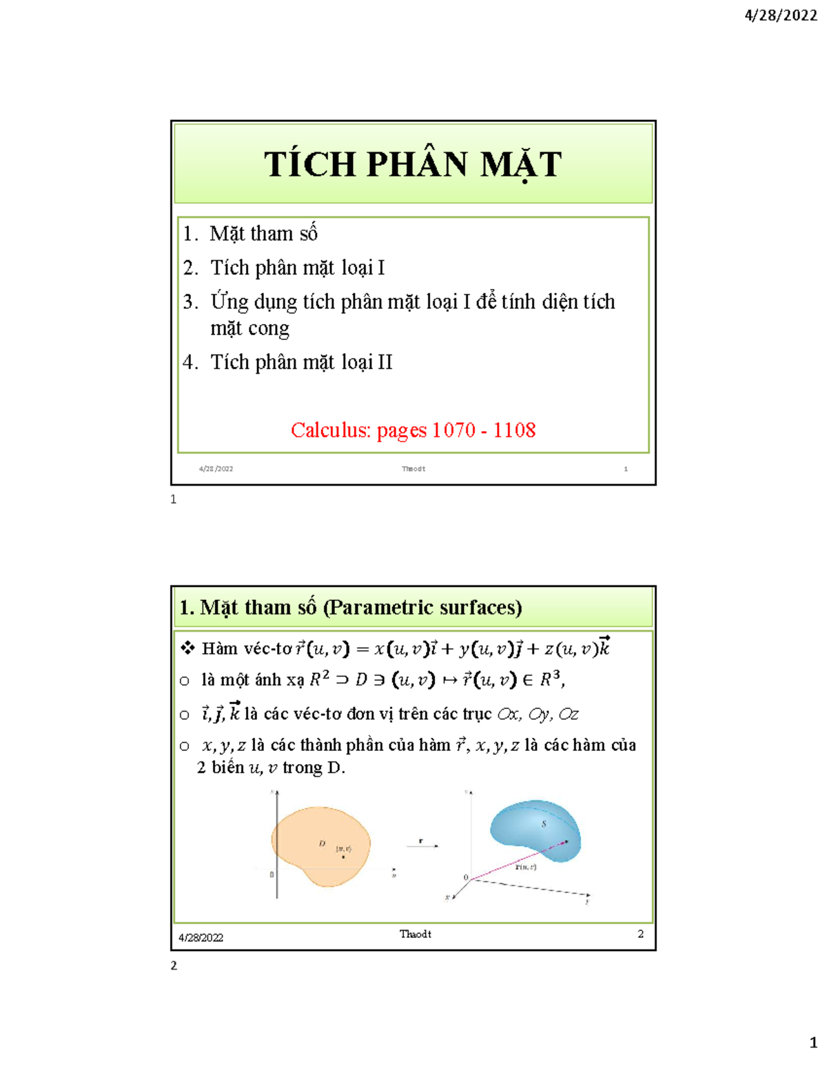 Tuan 10 integral surface - TÍCH PHÂN MẶT 1. Mặt tham số 2. Tích phân ...