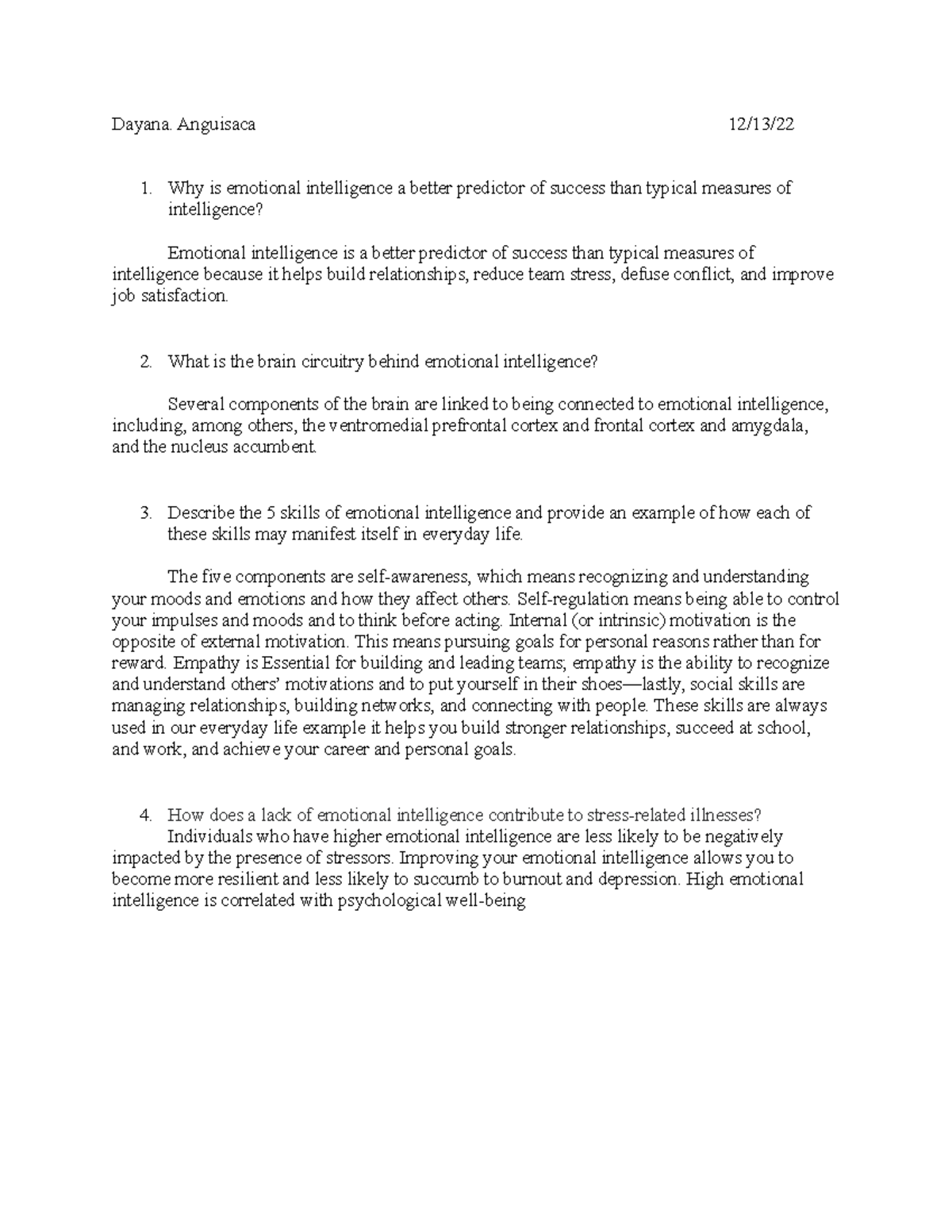 Emotional intelligence paper - Dayana. Anguisaca 12/13/ 1. Why is ...