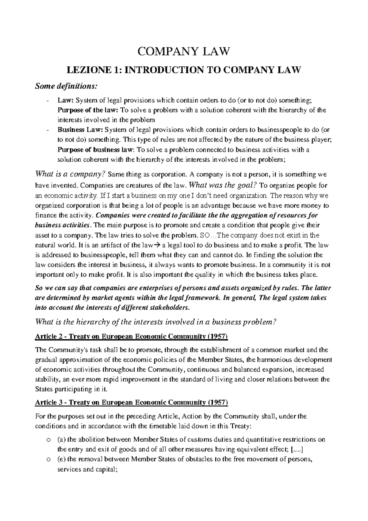 Business Company Law - COMPANY LAW LEZIONE 1: INTRODUCTION TO COMPANY ...