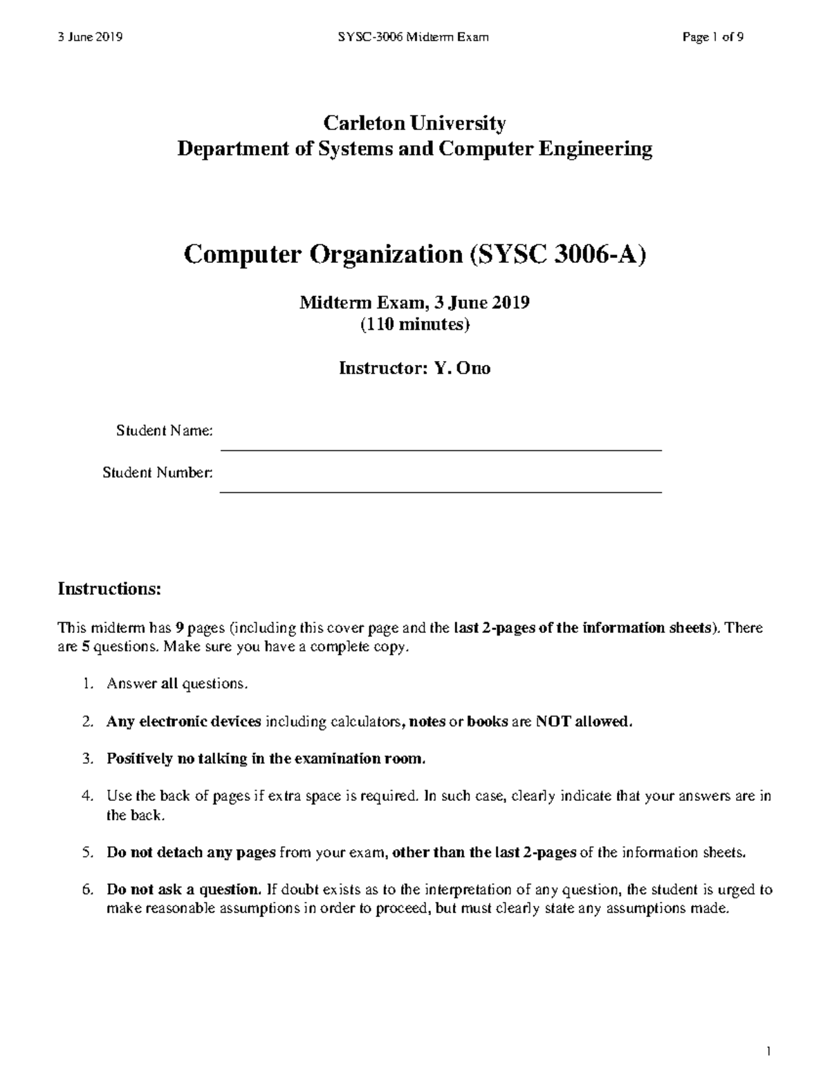 Midterm June 2019 Questions Carleton University Department Of Systems And Computer