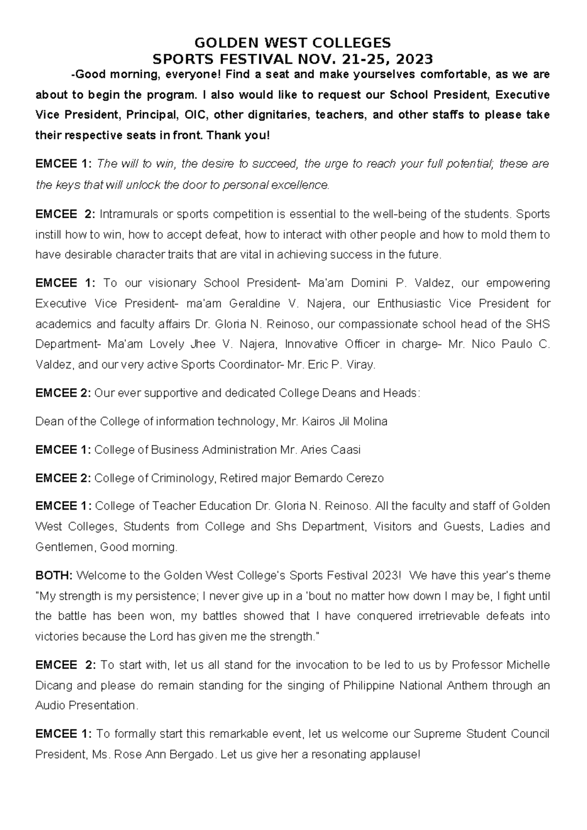 Script FOR Intramurals 2023 (gwc) - SPORTS FESTIVAL NOV. 21-25, 2023 ...