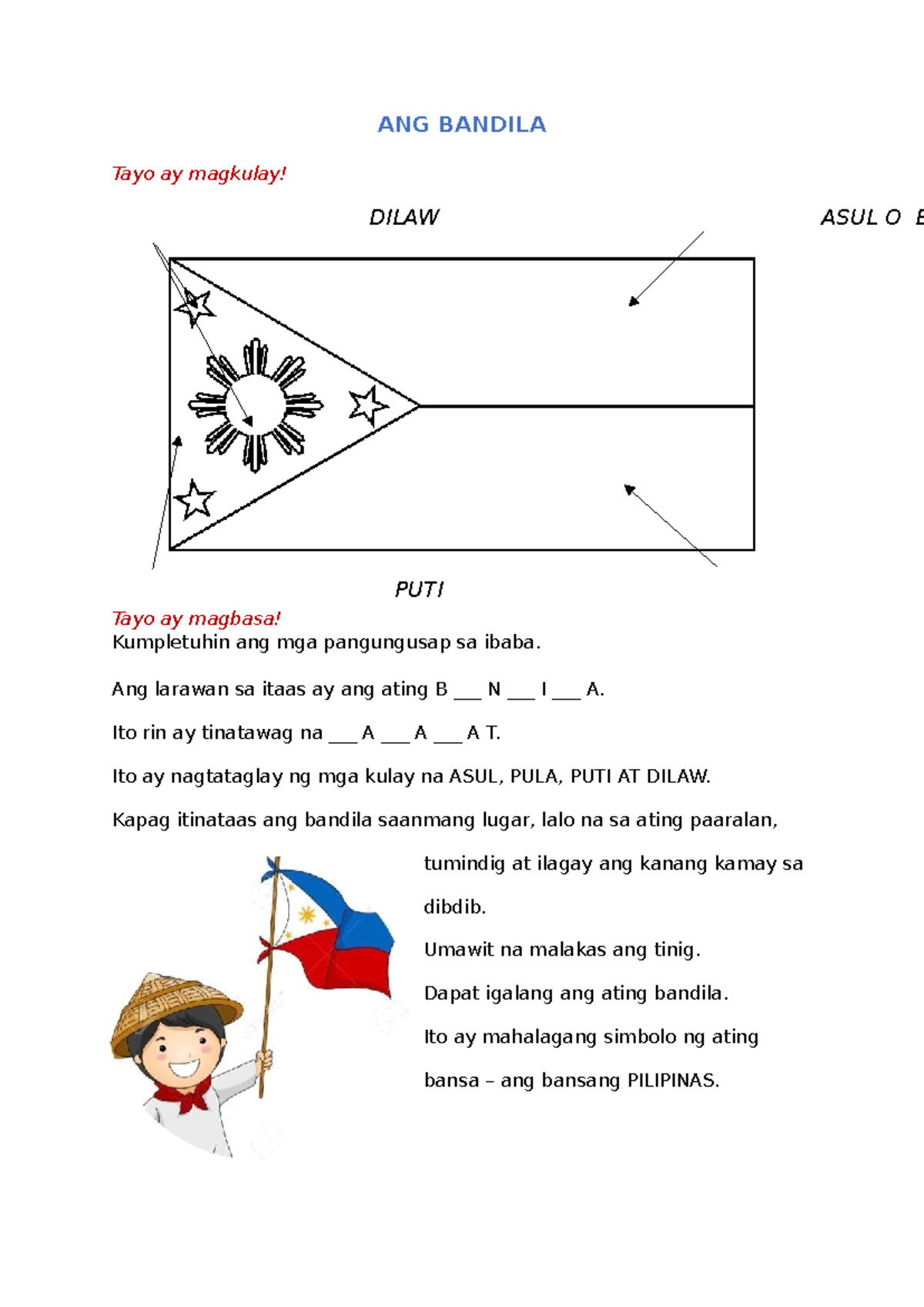 ANG Bandila worksheet post reading intervention - ANG BANDILA Tayo ay ...
