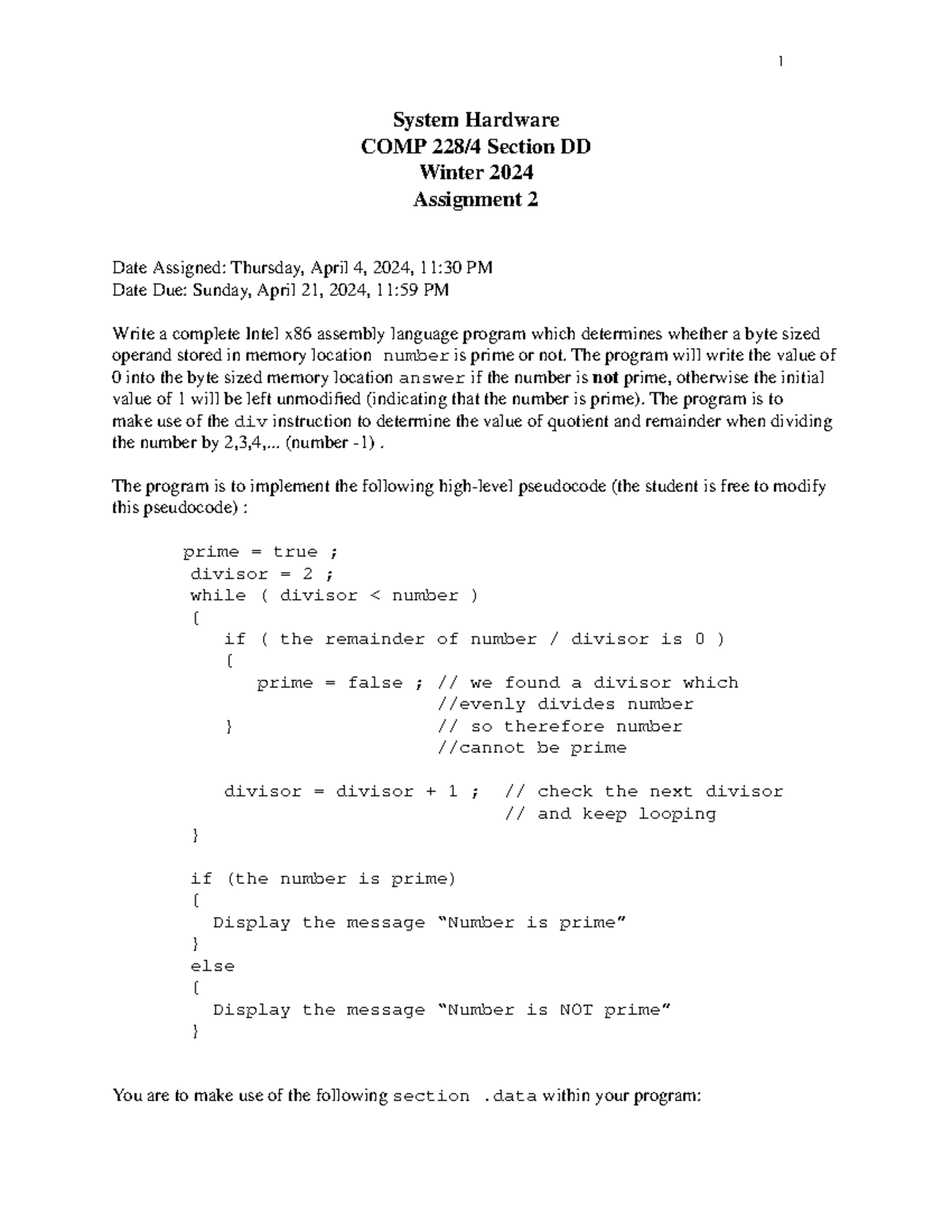 Assignment 2 - System Hardware COMP 228/4 Section DD Winter 2024 Assignment 2 Date Assigned ...