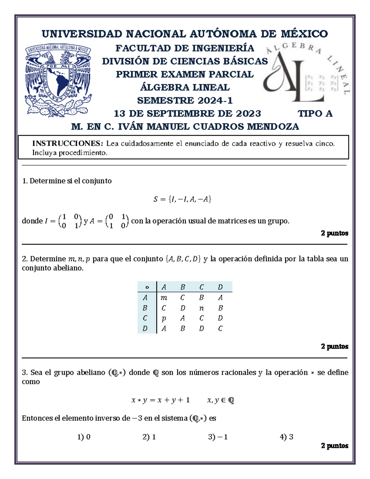 Lineal Primer parcial AL 2024-1 - - Studocu