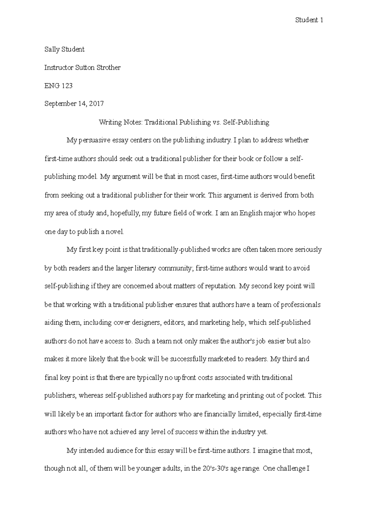 Sample Writing Notes - assignment - Student 1 Sally Student Instructor ...