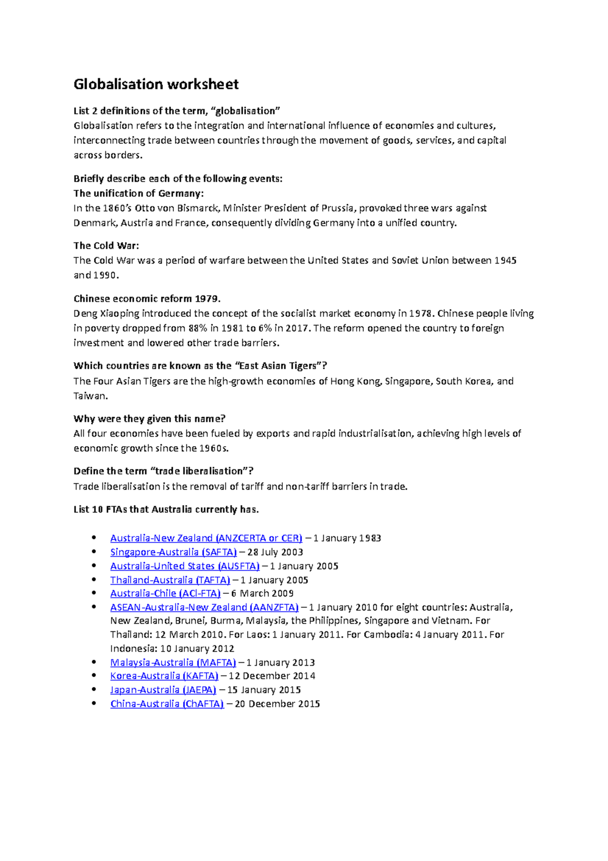 Globalisation worksheet - Briefly describe each of the following events ...