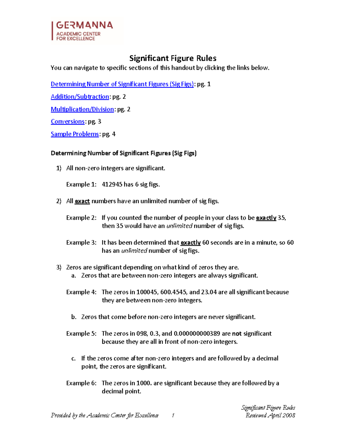 Significant Figure Rules - Significant Figure Rules Provided by the ...