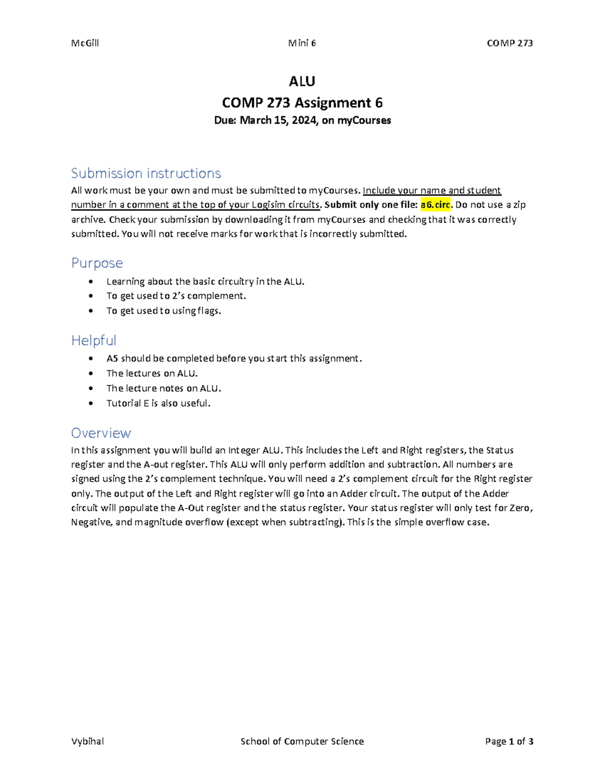 A6-W2024 - McGill Mini 6 COMP 273 Vybihal School of Computer Science Page 1 of 3 ALU COMP 273 ...